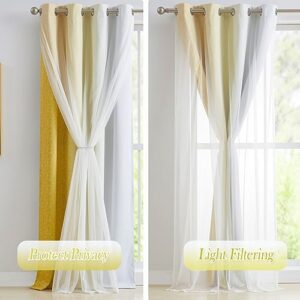 Geomoroccan Ombre Blackout with White Lace Sheer Elegant Layered Curtains,Mix and Match Grommet Thermal Insulated Curtain for Bedroom and Living Room 2 Panels (52"x84",Yellow and White)