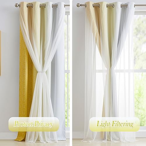 Geomoroccan Ombre Blackout with White Lace Sheer Elegant Layered Curtains,Mix and Match Grommet Thermal Insulated Curtain for Bedroom and Living Room 2 Panels (52"x84",Yellow and White)