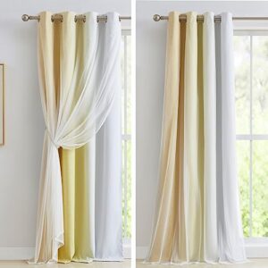 Geomoroccan Ombre Blackout with White Lace Sheer Elegant Layered Curtains,Mix and Match Grommet Thermal Insulated Curtain for Bedroom and Living Room 2 Panels (52"x84",Yellow and White)