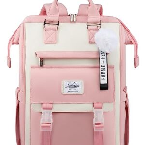 LOVEVOOK Laptop Backpack for Women,15.6 Inch College Backpack,Light Weight Travel Backpack Waterproof Casual Daypack Computer Backpack fits Travel Work Casual（15.6 inch,Pink&Beige）