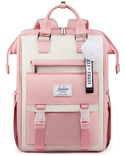 LOVEVOOK Laptop Backpack for Women,15.6 Inch College Backpack,Light Weight Travel Backpack Waterproof Casual Daypack Computer Backpack fits Travel Work Casual（15.6 inch,Pink&Beige）