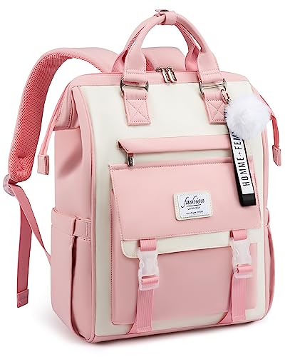 LOVEVOOK Laptop Backpack for Women,15.6 Inch College Backpack,Light Weight Travel Backpack Waterproof Casual Daypack Computer Backpack fits Travel Work Casual（15.6 inch,Pink&Beige）