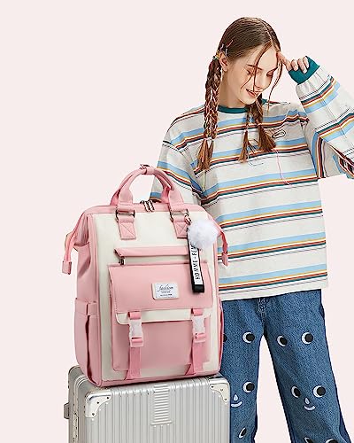 LOVEVOOK Laptop Backpack for Women,15.6 Inch College Backpack,Light Weight Travel Backpack Waterproof Casual Daypack Computer Backpack fits Travel Work Casual（15.6 inch,Pink&Beige）