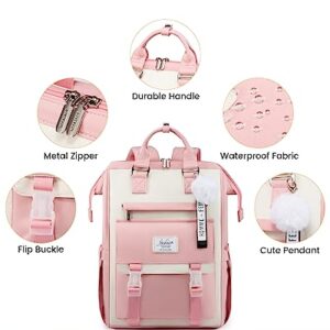 LOVEVOOK Laptop Backpack for Women,15.6 Inch College Backpack,Light Weight Travel Backpack Waterproof Casual Daypack Computer Backpack fits Travel Work Casual（15.6 inch,Pink&Beige）