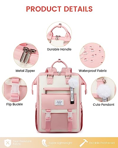 LOVEVOOK Laptop Backpack for Women,15.6 Inch College Backpack,Light Weight Travel Backpack Waterproof Casual Daypack Computer Backpack fits Travel Work Casual（15.6 inch,Pink&Beige）