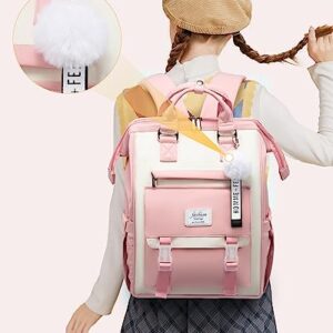 LOVEVOOK Laptop Backpack for Women,15.6 Inch College Backpack,Light Weight Travel Backpack Waterproof Casual Daypack Computer Backpack fits Travel Work Casual（15.6 inch,Pink&Beige）