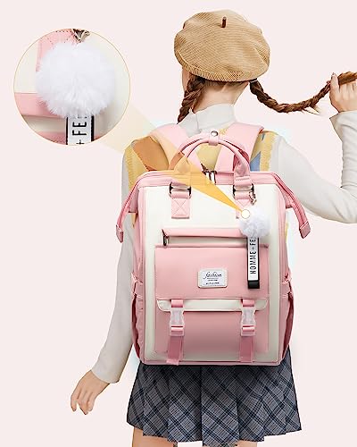 LOVEVOOK Laptop Backpack for Women,15.6 Inch College Backpack,Light Weight Travel Backpack Waterproof Casual Daypack Computer Backpack fits Travel Work Casual（15.6 inch,Pink&Beige）