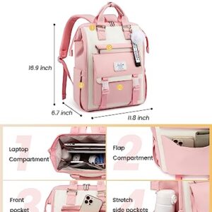 LOVEVOOK Laptop Backpack for Women,15.6 Inch College Backpack,Light Weight Travel Backpack Waterproof Casual Daypack Computer Backpack fits Travel Work Casual（15.6 inch,Pink&Beige）