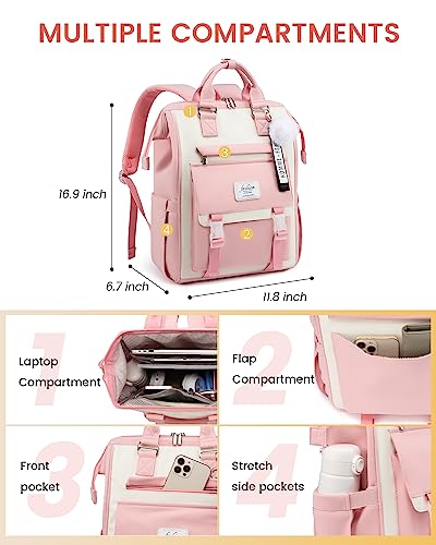 LOVEVOOK Laptop Backpack for Women,15.6 Inch College Backpack,Light Weight Travel Backpack Waterproof Casual Daypack Computer Backpack fits Travel Work Casual（15.6 inch,Pink&Beige）