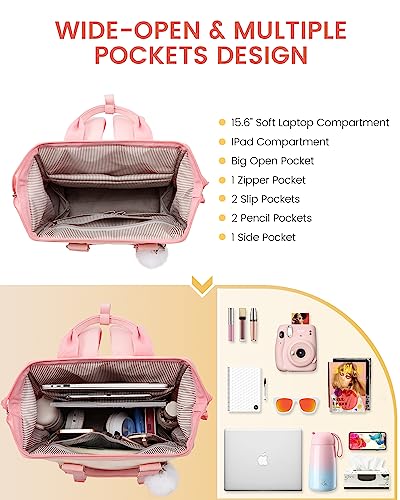 LOVEVOOK Laptop Backpack for Women,15.6 Inch College Backpack,Light Weight Travel Backpack Waterproof Casual Daypack Computer Backpack fits Travel Work Casual（15.6 inch,Pink&Beige）