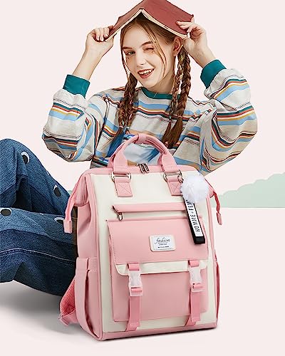 LOVEVOOK Laptop Backpack for Women,15.6 Inch College Backpack,Light Weight Travel Backpack Waterproof Casual Daypack Computer Backpack fits Travel Work Casual（15.6 inch,Pink&Beige）