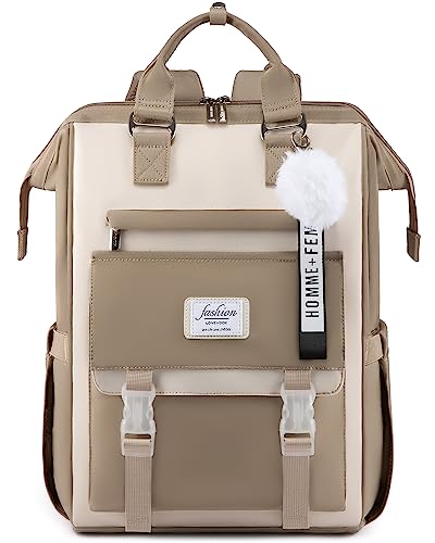 LOVEVOOK Laptop Backpack for Women,15.6 Inch College Backpack,Light Weight Travel Backpack Waterproof Casual Daypack Computer Backpack fits Travel Work Casual（Coffee&Beige）