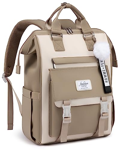 LOVEVOOK Laptop Backpack for Women,15.6 Inch College Backpack,Light Weight Travel Backpack Waterproof Casual Daypack Computer Backpack fits Travel Work Casual（Coffee&Beige）