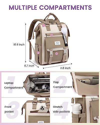 LOVEVOOK Laptop Backpack for Women,15.6 Inch College Backpack,Light Weight Travel Backpack Waterproof Casual Daypack Computer Backpack fits Travel Work Casual（Coffee&Beige）