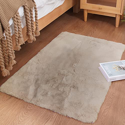 Ghouse Ultra Soft Faux Rabbit Fur Rug 2x3, Machine Washable Area Rugs for Bedroom Fluffy Rugs for Living Room, no-Shedding Carpet Sheepskin Rug Beige