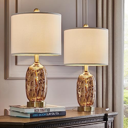 G-SAFAVA 21.75" Modern Glass Table Lamp Set of 2, Small Contemporary Bedside Lamp Champagne Nightstand Lamp for Living Room Bedroom Office Dorm