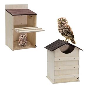 2 pack owl house, wooden large size owl nesting box for screech owl, saw whet owl, barn owl, barred owl, extra durable with wood shavings and mounting parts, quick and easy assembly required