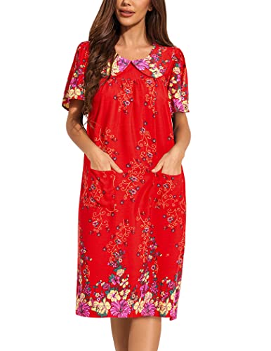 Ekouaer Women's House Dress Short Sleeve Sleepwear Mumu Lounge Wear Old Lady Nightgown Floral Print Night Dress with Pockets, Red, XXX-Large