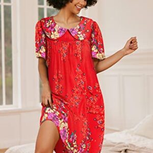 Ekouaer Women's House Dress Short Sleeve Sleepwear Mumu Lounge Wear Old Lady Nightgown Floral Print Night Dress with Pockets, Red, XXX-Large