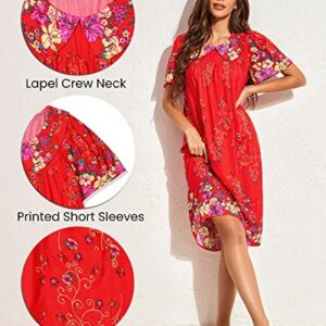 Ekouaer Women's House Dress Short Sleeve Sleepwear Mumu Lounge Wear Old Lady Nightgown Floral Print Night Dress with Pockets, Red, XXX-Large