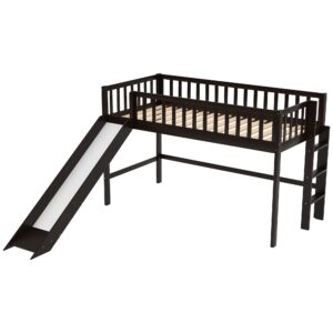 KELRIA Twin Size Loft Bed with Safety Guardrail and Slide, Wooden Construction, Double Bed w/Ladder, Space Saving, for Children's Room. Bedroom, Kids Teens Girl Boys, Easy to Assemble, Black