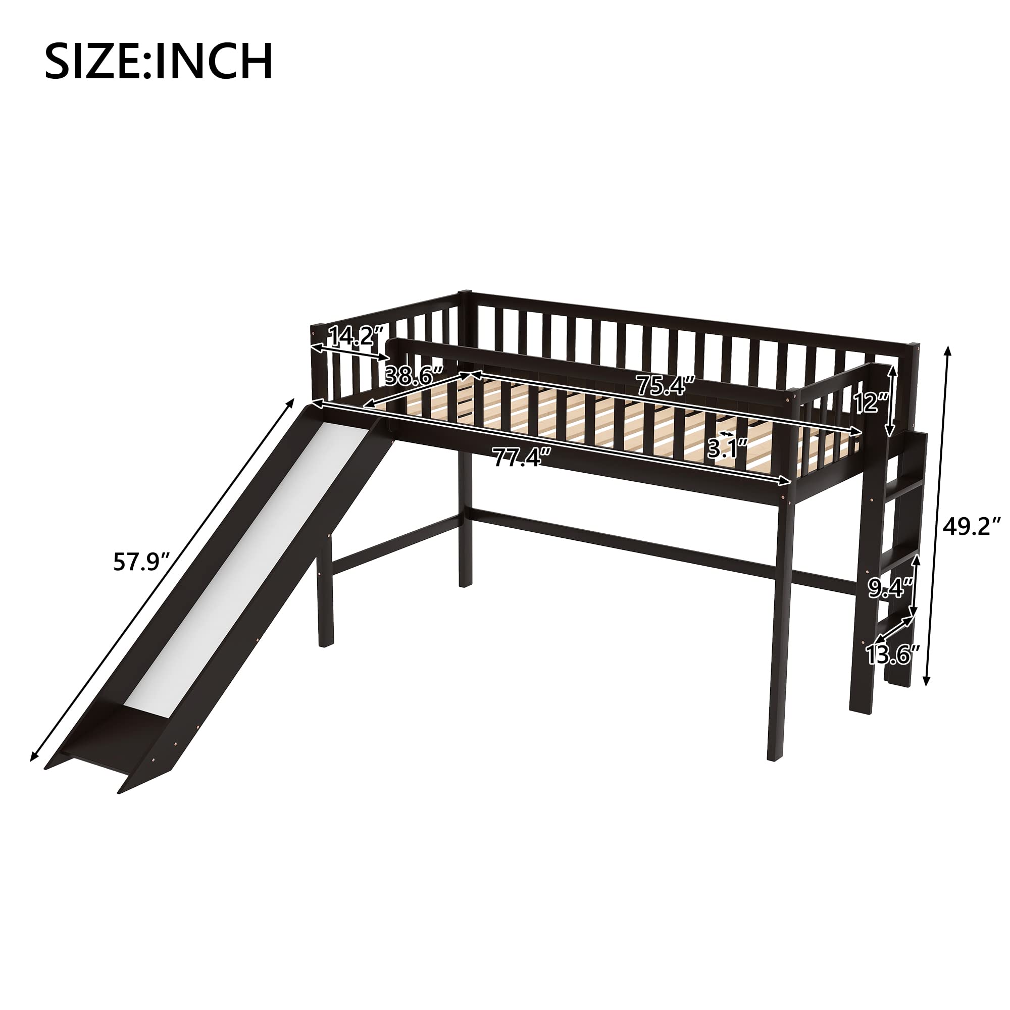 KELRIA Twin Size Loft Bed with Safety Guardrail and Slide, Wooden Construction, Double Bed w/Ladder, Space Saving, for Children's Room. Bedroom, Kids Teens Girl Boys, Easy to Assemble, Black