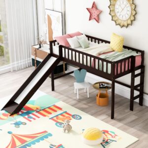 KELRIA Twin Size Loft Bed with Safety Guardrail and Slide, Wooden Construction, Double Bed w/Ladder, Space Saving, for Children's Room. Bedroom, Kids Teens Girl Boys, Easy to Assemble, Black