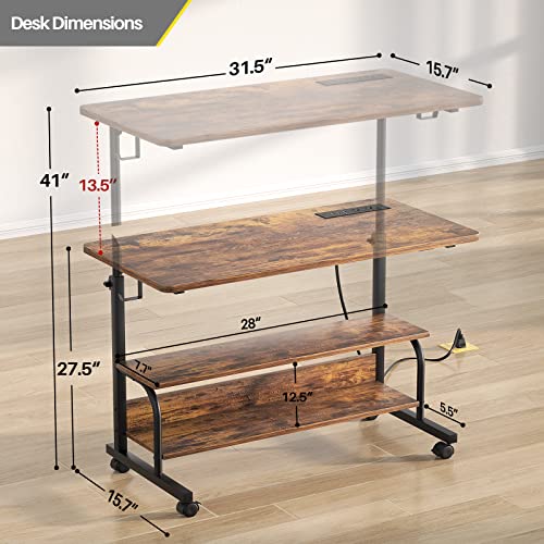 Height Adjustable Standing Desk with Power Outlets, 32" Manual Stand Up Desk with Storage Shelves Small Mobile Rolling Computer Desk Portable Laptop Table with Wheels for Home Office, Rustic