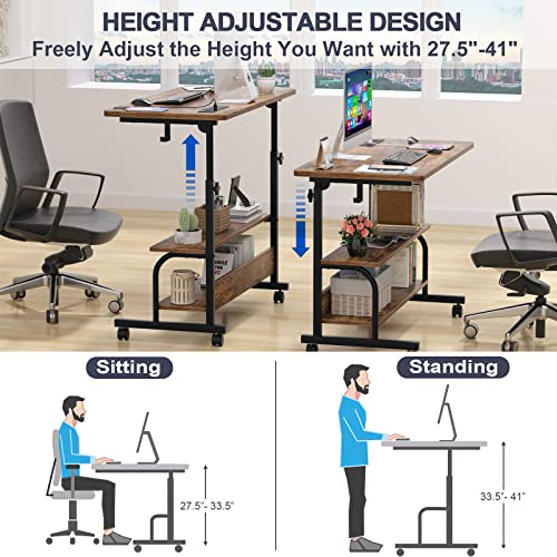 Height Adjustable Standing Desk with Power Outlets, 32" Manual Stand Up Desk with Storage Shelves Small Mobile Rolling Computer Desk Portable Laptop Table with Wheels for Home Office, Rustic