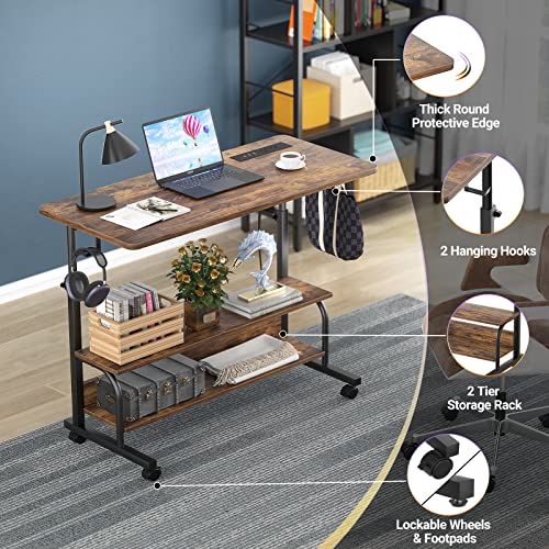 Height Adjustable Standing Desk with Power Outlets, 32" Manual Stand Up Desk with Storage Shelves Small Mobile Rolling Computer Desk Portable Laptop Table with Wheels for Home Office, Rustic