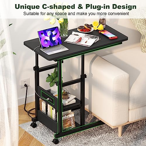 Height Adjustable C Shaped End Table with Charging Station, Mobile Laptop Side Table with USB Port and Wheels, Sofa Couch Table with 2-Tier Storage Shelve for Living Room Bedroom, Black