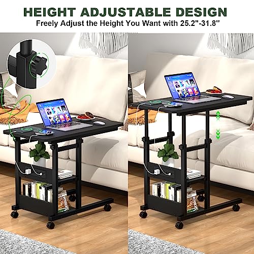 Height Adjustable C Shaped End Table with Charging Station, Mobile Laptop Side Table with USB Port and Wheels, Sofa Couch Table with 2-Tier Storage Shelve for Living Room Bedroom, Black