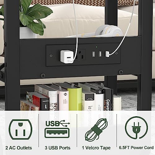 Height Adjustable C Shaped End Table with Charging Station, Mobile Laptop Side Table with USB Port and Wheels, Sofa Couch Table with 2-Tier Storage Shelve for Living Room Bedroom, Black