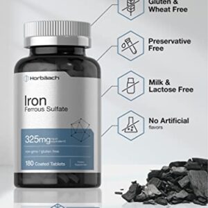 Iron Ferrous Sulfate | 325mg | 180 Count | Vegetarian, Non-GMO & Gluten Free Dietary Supplement | by Horbaach