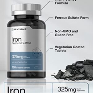 Iron Ferrous Sulfate | 325mg | 180 Count | Vegetarian, Non-GMO & Gluten Free Dietary Supplement | by Horbaach