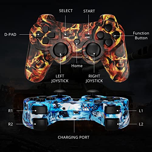 Kujian Controller for PS3 2 Pack Wireless Controller for Playstaion 3, Double Shock Remote for PS3, 6-Axis Motion Sensor, Bluetooth Gaming Controller with 2 USB Charging Cords