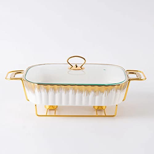 Rectangular Porcelain Casserole Warming Trays for Food, Ceramics Chafers, and Buffet Warmers Sets, Gold Plating Serving Dishes (Small 1.6 quarts)