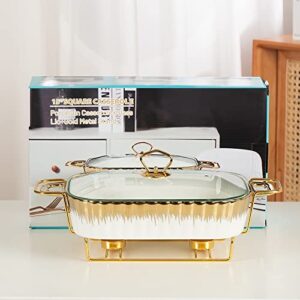 Rectangular Porcelain Casserole Warming Trays for Food, Ceramics Chafers, and Buffet Warmers Sets, Gold Plating Serving Dishes (Small 1.6 quarts)