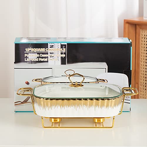 Rectangular Porcelain Casserole Warming Trays for Food, Ceramics Chafers, and Buffet Warmers Sets, Gold Plating Serving Dishes (Small 1.6 quarts)