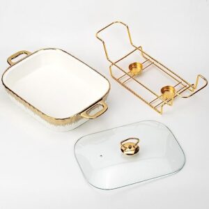 Rectangular Porcelain Casserole Warming Trays for Food, Ceramics Chafers, and Buffet Warmers Sets, Gold Plating Serving Dishes (Small 1.6 quarts)