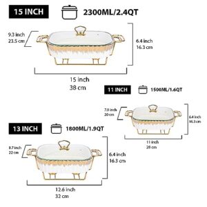 Rectangular Porcelain Casserole Warming Trays for Food, Ceramics Chafers, and Buffet Warmers Sets, Gold Plating Serving Dishes (Small 1.6 quarts)