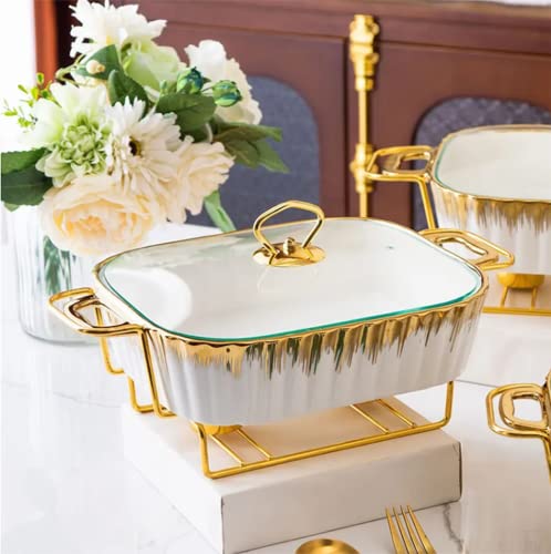 Rectangular Porcelain Casserole Warming Trays for Food, Ceramics Chafers, and Buffet Warmers Sets, Gold Plating Serving Dishes (Small 1.6 quarts)