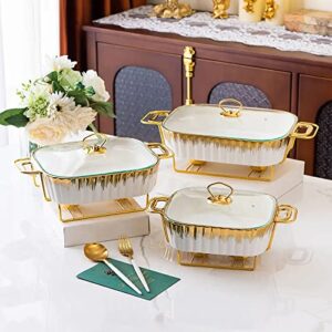 Rectangular Porcelain Casserole Warming Trays for Food, Ceramics Chafers, and Buffet Warmers Sets, Gold Plating Serving Dishes (Small 1.6 quarts)