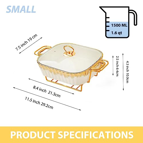 Rectangular Porcelain Casserole Warming Trays for Food, Ceramics Chafers, and Buffet Warmers Sets, Gold Plating Serving Dishes (Small 1.6 quarts)