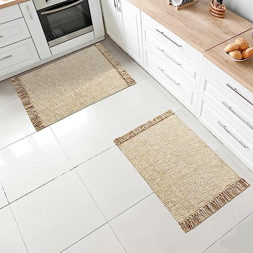 MitoVilla Boho Farmhouse Small Rug Set 2 Piece 2'x3', Area Rug with Tassels for Kitchen, Cotton Woven Washable Bathroom Throw Rug for Hallway, Entryway, Laundry Room Floor, Tan Cream