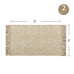 MitoVilla Boho Farmhouse Small Rug Set 2 Piece 2'x3', Area Rug with Tassels for Kitchen, Cotton Woven Washable Bathroom Throw Rug for Hallway, Entryway, Laundry Room Floor, Tan Cream