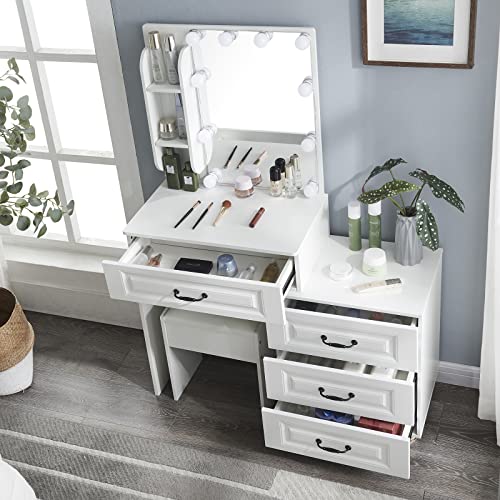 Buildonely Hollywood Vanity Table with Dimmable Switch, Dressing Table Set with Lighted Mirror and Cushioned Chair. Large Storage Capacity White Vanity Set 3 Color Setting for Makeup