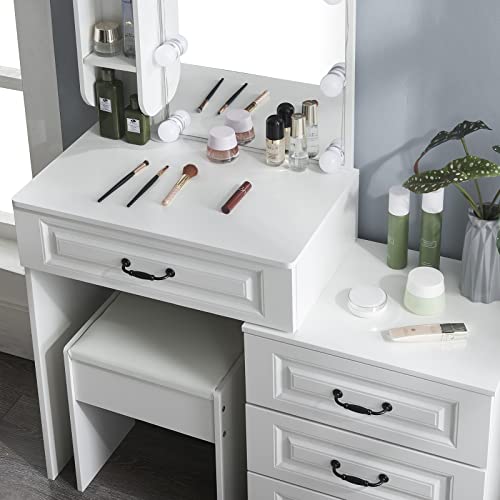 Buildonely Hollywood Vanity Table with Dimmable Switch, Dressing Table Set with Lighted Mirror and Cushioned Chair. Large Storage Capacity White Vanity Set 3 Color Setting for Makeup