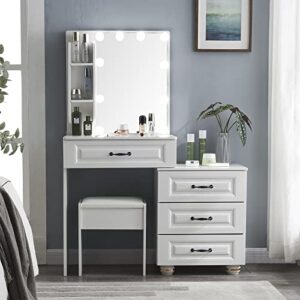 Buildonely Hollywood Vanity Table with Dimmable Switch, Dressing Table Set with Lighted Mirror and Cushioned Chair. Large Storage Capacity White Vanity Set 3 Color Setting for Makeup