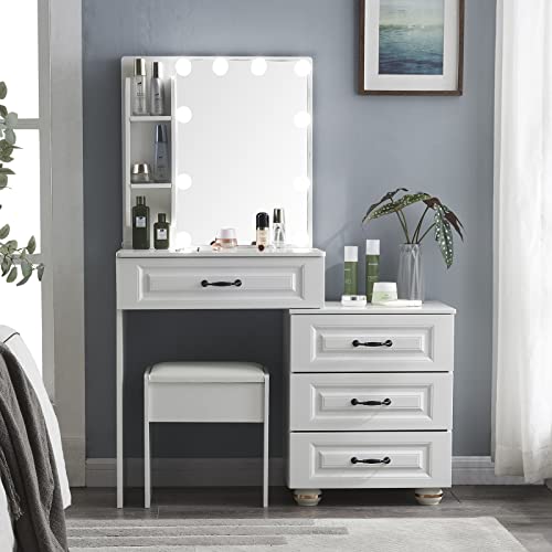 Buildonely Hollywood Vanity Table with Dimmable Switch, Dressing Table Set with Lighted Mirror and Cushioned Chair. Large Storage Capacity White Vanity Set 3 Color Setting for Makeup